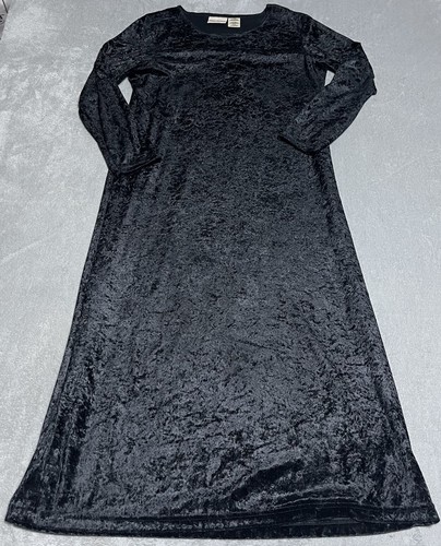 Vintage Maxi Dress Womens Large Black Crushed Velvet Modest Witch Goth ...