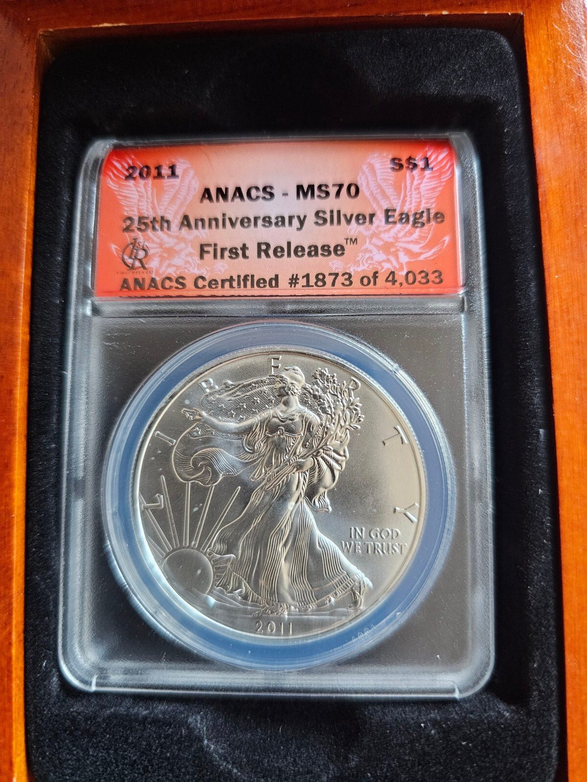 2011 Silver American Eagle, ANACS MS70 First Release, 25th Anniversary ...