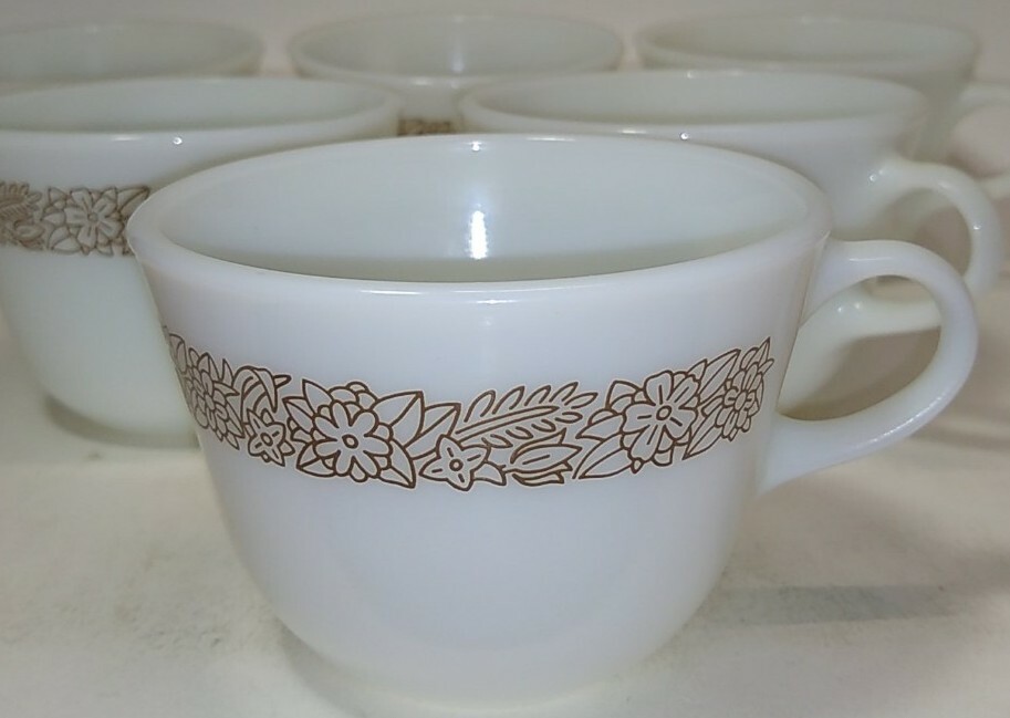 Vintage Pyrex Coffee Cups Opaque White Glass Woodland Pattern Set of 6 ...
