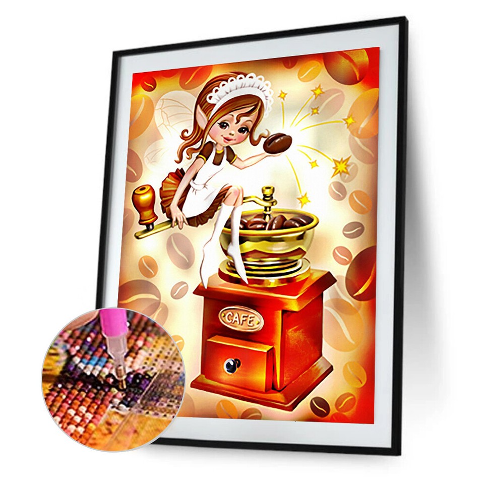 5D DIY Full Round Drill Diamond Painting Girl with Coffee Bean Art ...