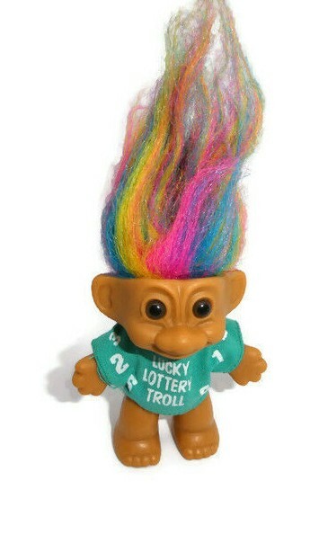 VINTAGE RUSS 3" LUCKY LOTTERY TROLL RAINBOW HAIR BROWN EYES | eBay