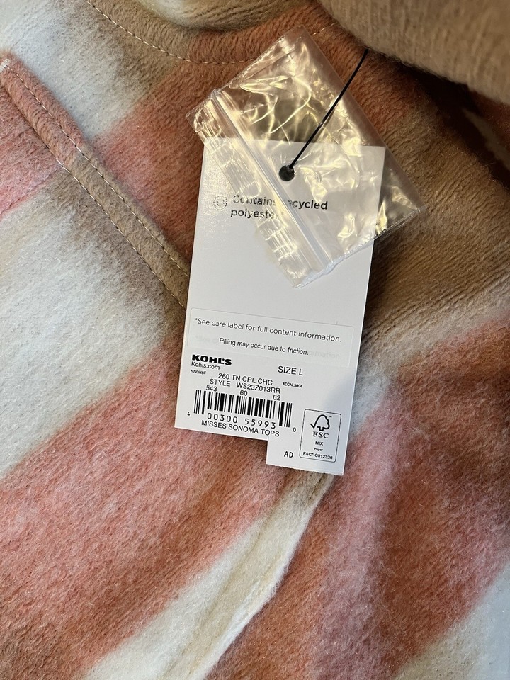 Sonoma Misses Plaid Peach And Ivory Fleece Long Shacket Size L New With ...