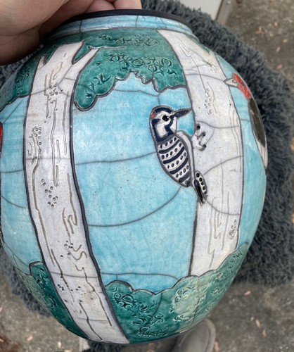 ROBIN RODGERS RAKU ART POTTERY LIDDED JAR PILEATED WOODPECKER SIGNED ...