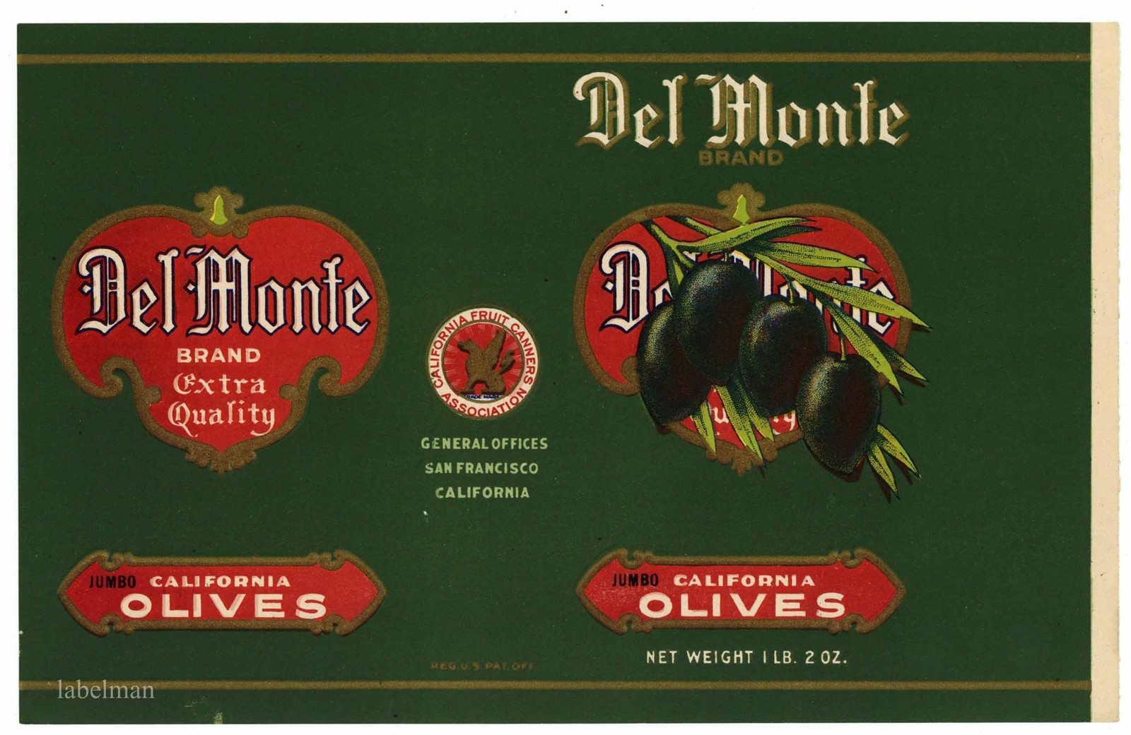 DEL MONTE Embossed Olive Can Label tall, ORIGINAL 1910’s TIN CAN LABEL ...
