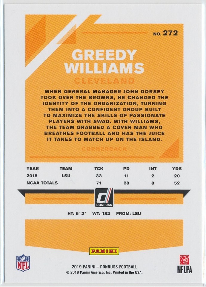 2019 Panini Donruss Football Greedy Williams #272 Cleveland Browns ...