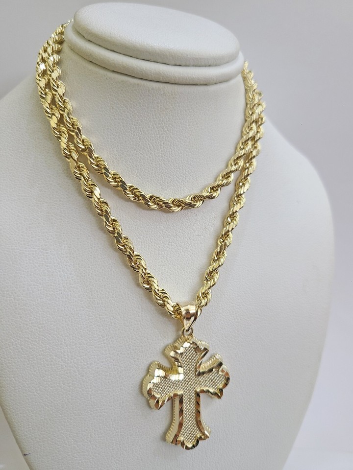 10k Jesus Cross Charm Rope Chain Set 4mm 18"-28" Inches Necklace Yellow ...