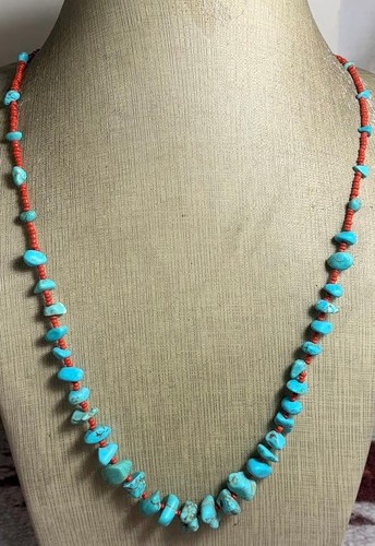 Ethnic gradual turquoise nuggets/red seed beads necklace/23" (t702b-w0 ...