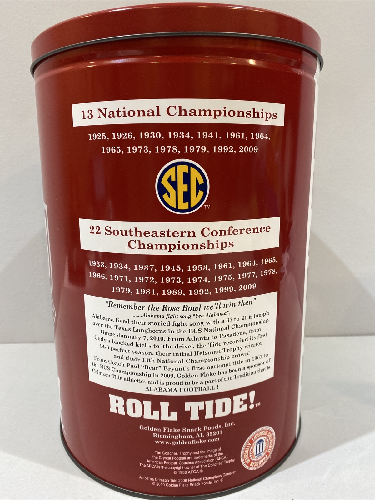 2009 Alabama National Football Champions Golden Flake Commemorative Tin ...