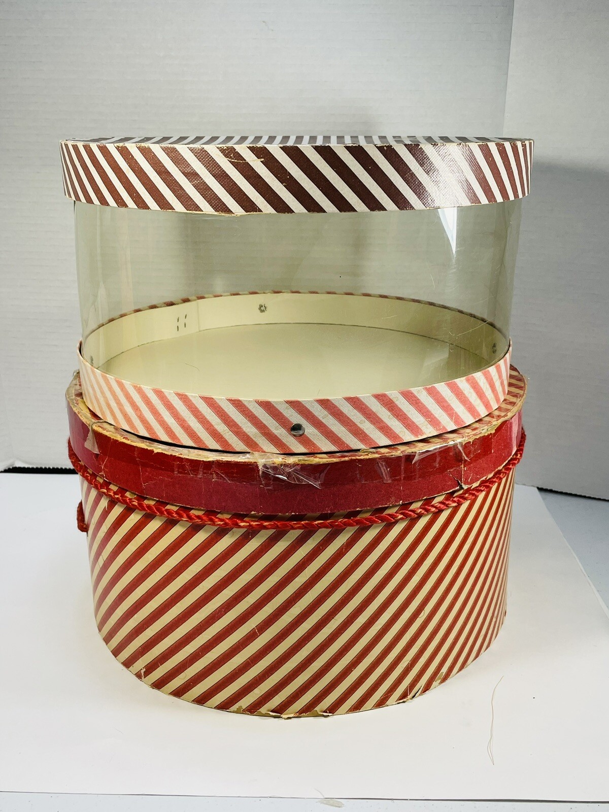 Lot of 2 Large Vintage Round Cardboard Clear See Thru Sides Striped Hat ...