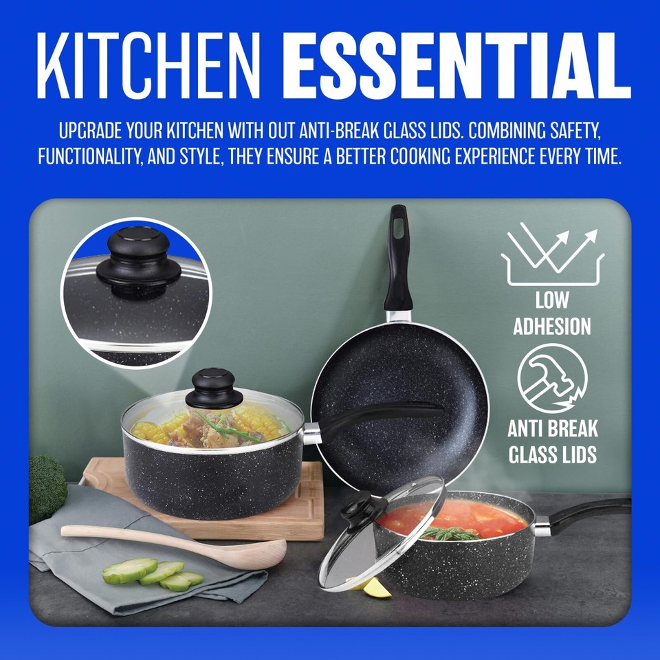 7PC BLACK MARBLE COATED ALUMINIUM NON STICK COOKWARE SET SAUCEPAN GLASS ...