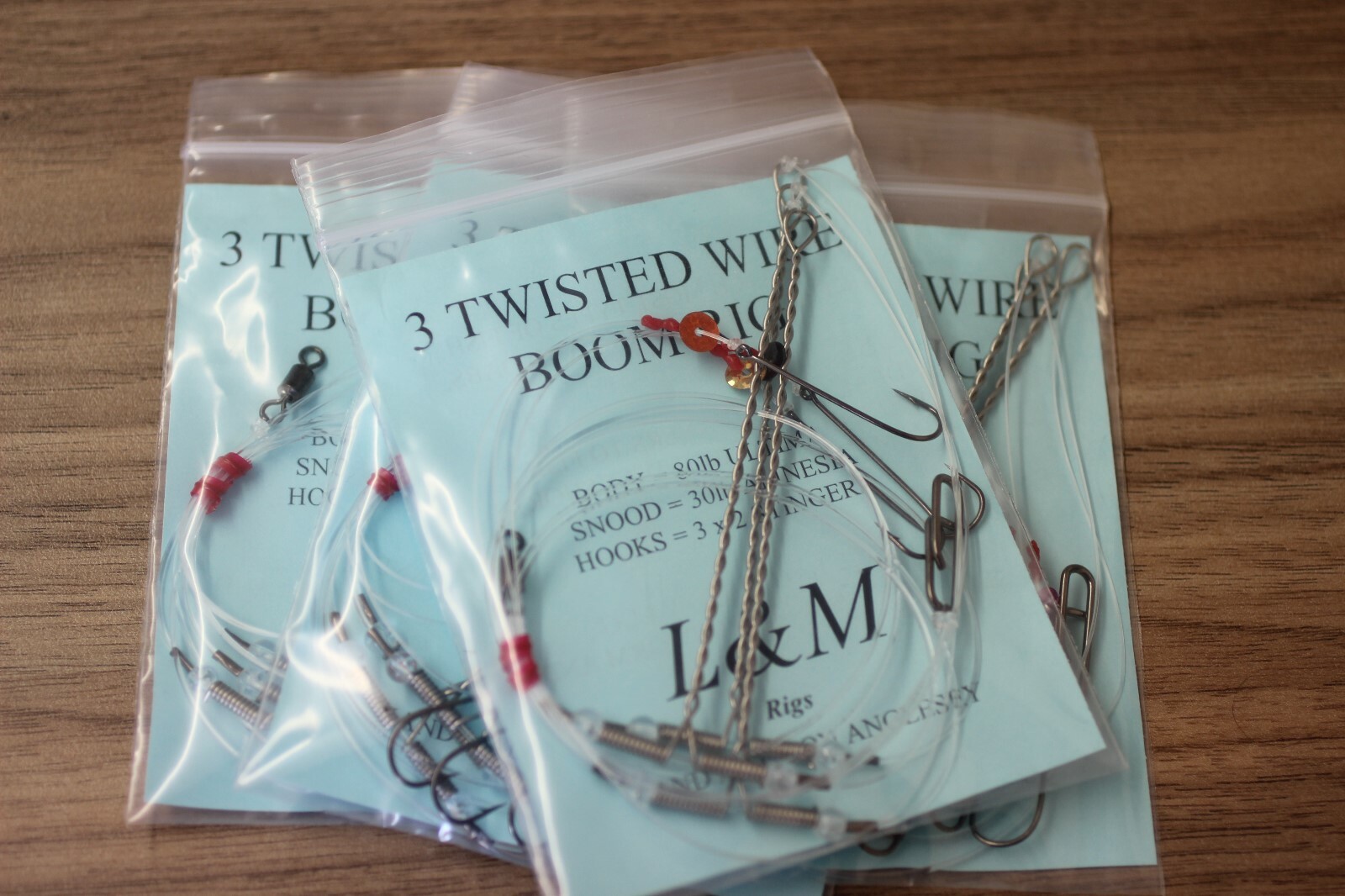 4 x 3 TWISTED WIRE BOOM L&M SEA FISHING RIGS 80lb BODY 3 x size 2 ...