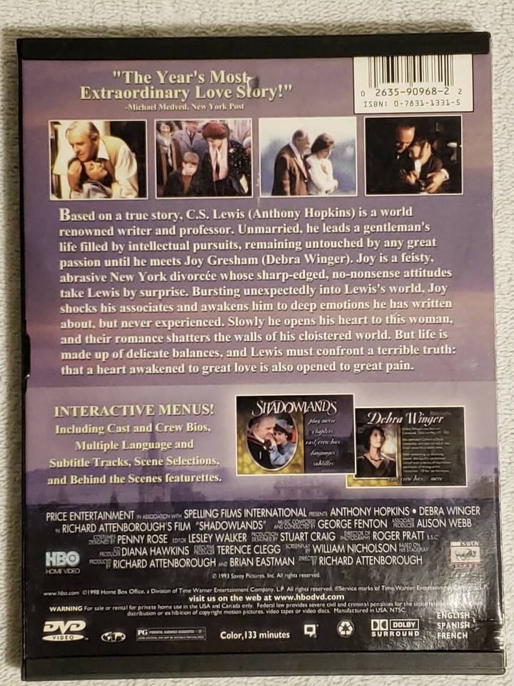 Shadowlands DVD Richard Attenborough 1998 NTSC Anthony Hopkins, Deborah ...