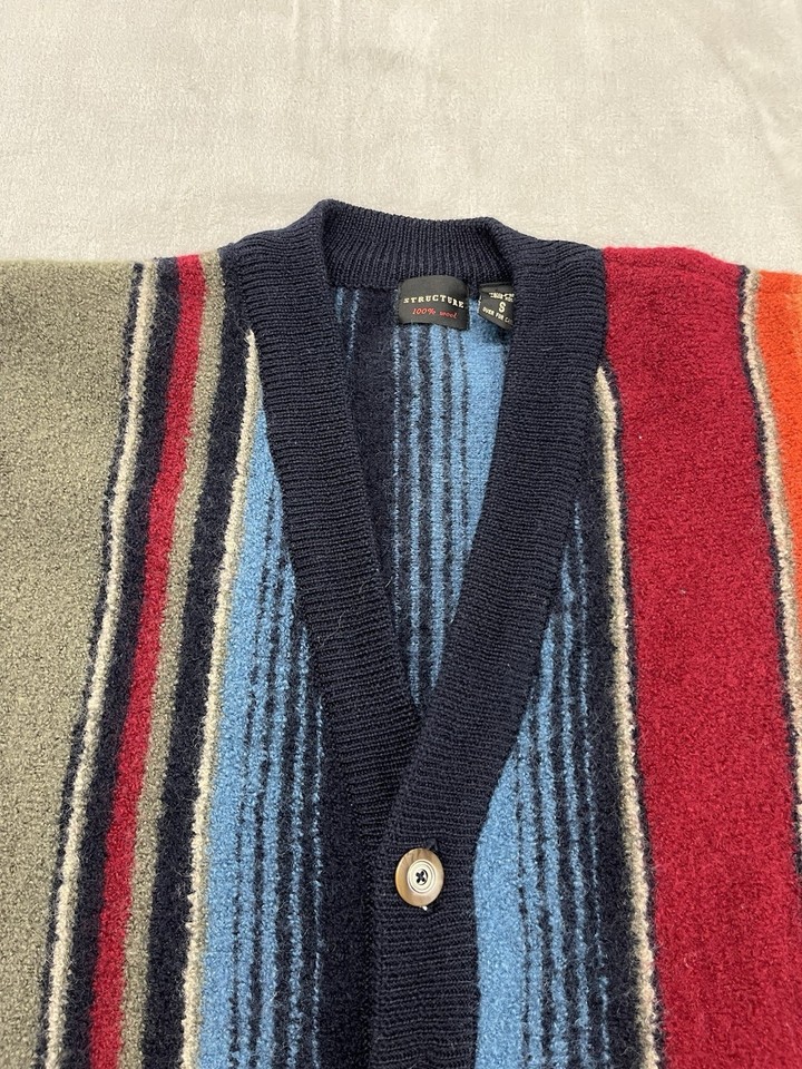 VTG Structure Cardigan Sweater Men Small Multicolor V-Neck 100% Wool ...