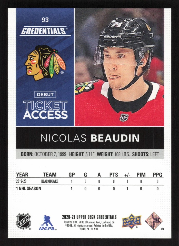 2020-21 Upper Deck Credentials #93 Nicolas Beaudin 713/799 XRC | eBay