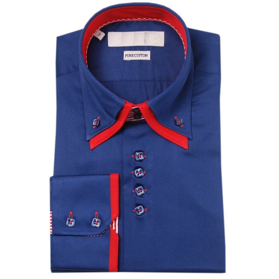 New Mens Italian Double Collar Slim Fit Shirt Round/Folding Collar Long ...