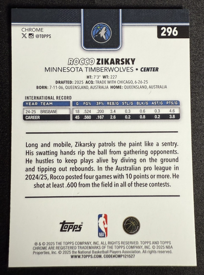 2025-26 Topps Chrome 296 Rocco Zikarsky Yellow Basketball Refractor ...