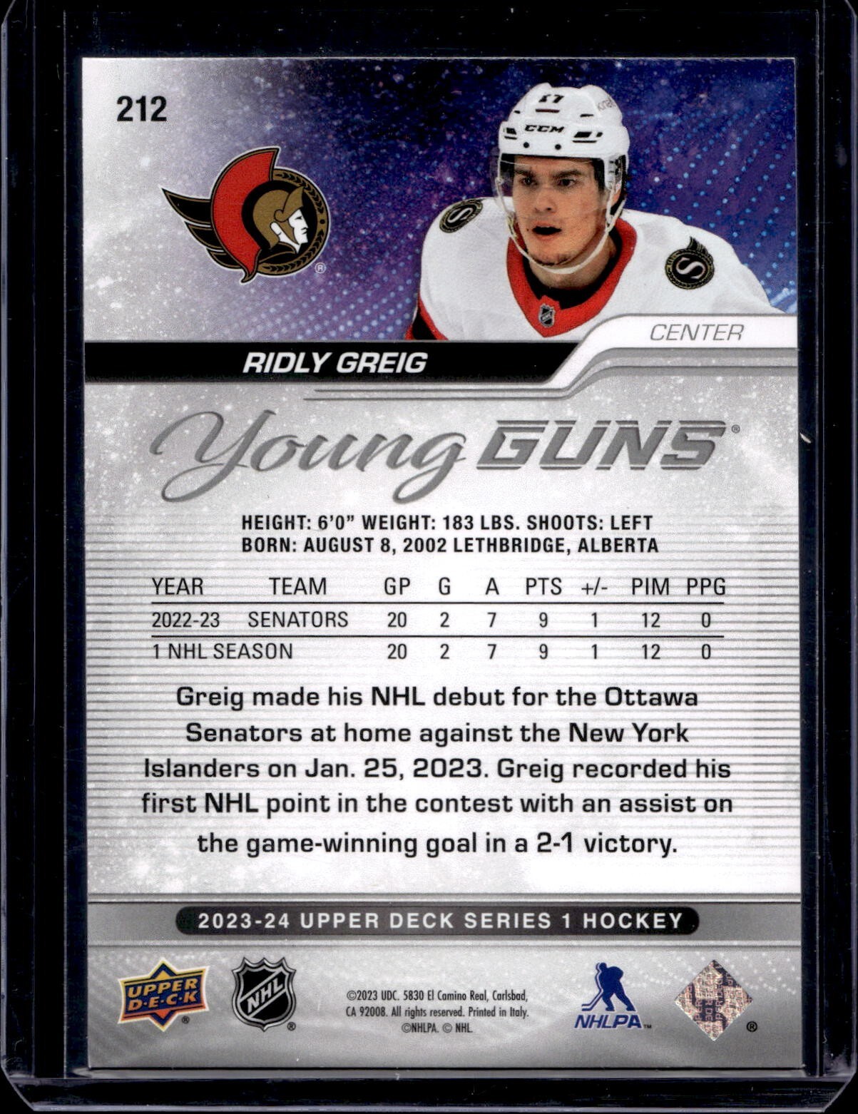 Ridley Greig - Young Guns - Outburst Silver - 2023-24 Upper Deck Series ...