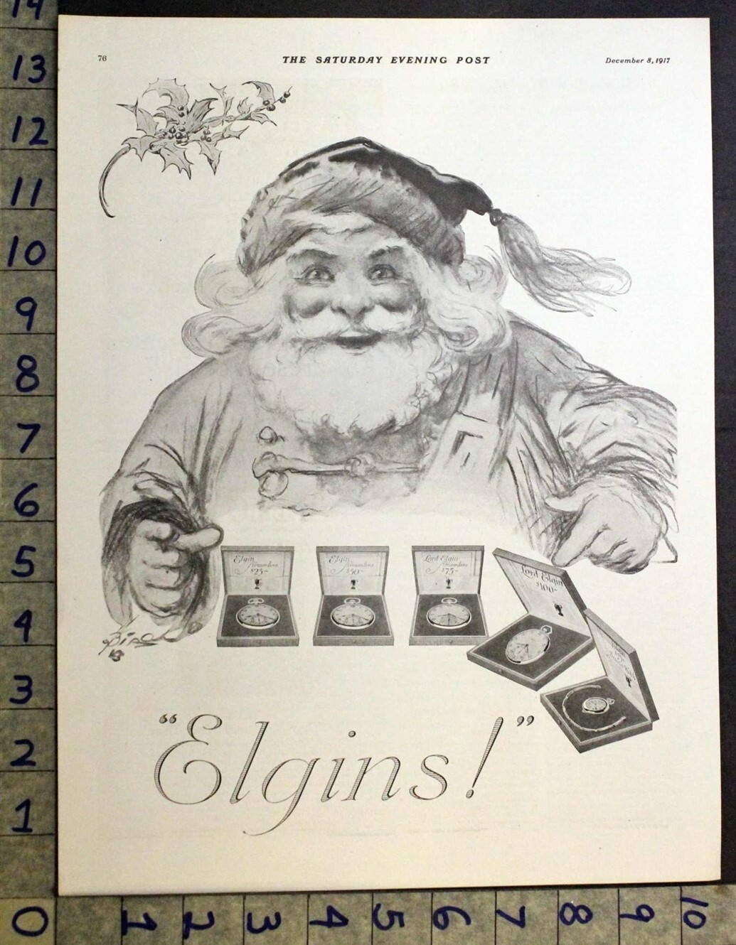 1917 CHRISTMAS SANTA CLAUS ELGIN STOP WATCH BIRCH ART HOUSHEOLD DECOR ...