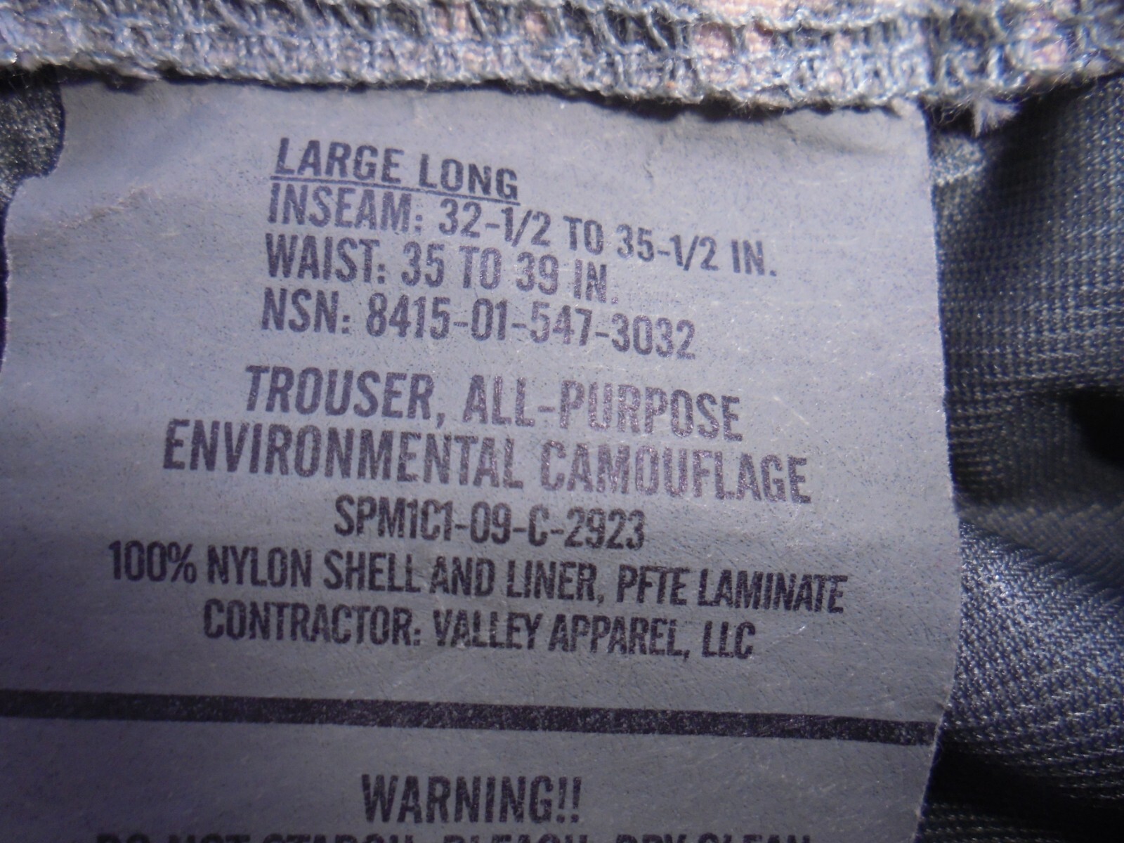 TROUSER, COLD WEATHER (LARGE LONG NSN:8415-01-547-3032 AF PATTERN) | eBay