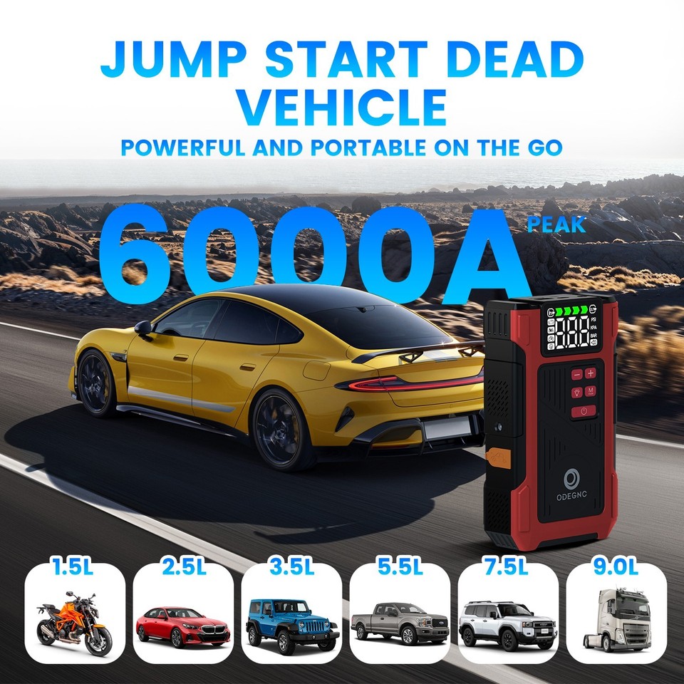 6000A Car Jump Starter with Air Inflator,Dual Power Supply Modes, 12VDC ...