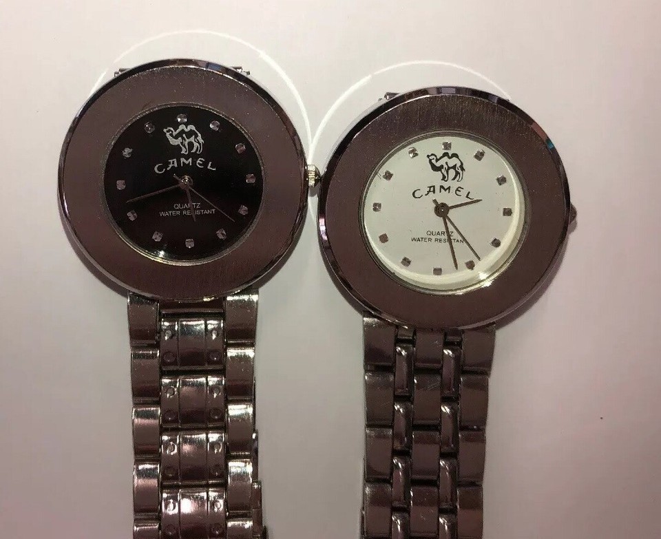 2 Camel Watch Mens Metal Band New Old Stock Needs Battery Pair White ...