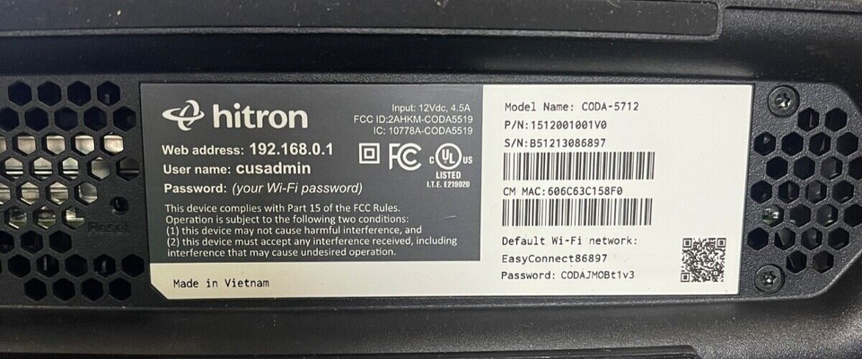 Hitron CODA-5712 Cable Modem Router DOCSIS 3.1 WiFi 6 2.5 GigE NO POWER ...