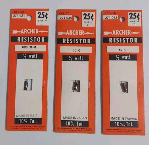 Lot of 3 Vintage Archer Radio Shack Resistors 680OHM, 10K, 47K In ...