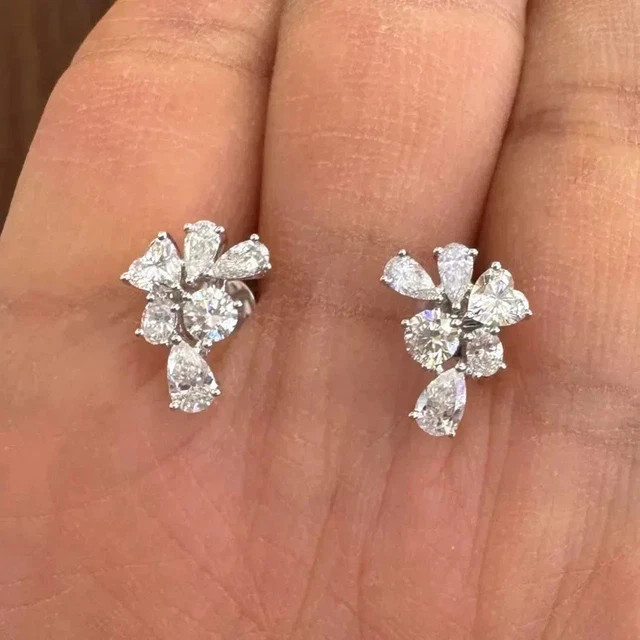 14K White Gold Plated 2Ct Moissanite Round Cut Multi Shape Cluster Stud ...