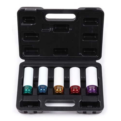 15-22mm 5pc Lug Nut Impact Socket Set Thin Wall Deep Wheel Protector 1/ ...