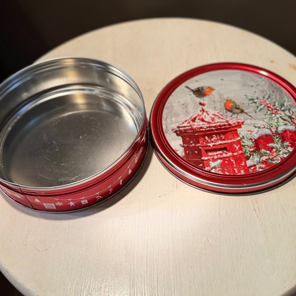 Round Christmas Tin Red Mailbox Robin Snow Holiday Storage Container | eBay