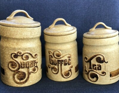 Vintage Pottery Craft Treasure Stoneware Tan Canister Set of 3 Sugar ...