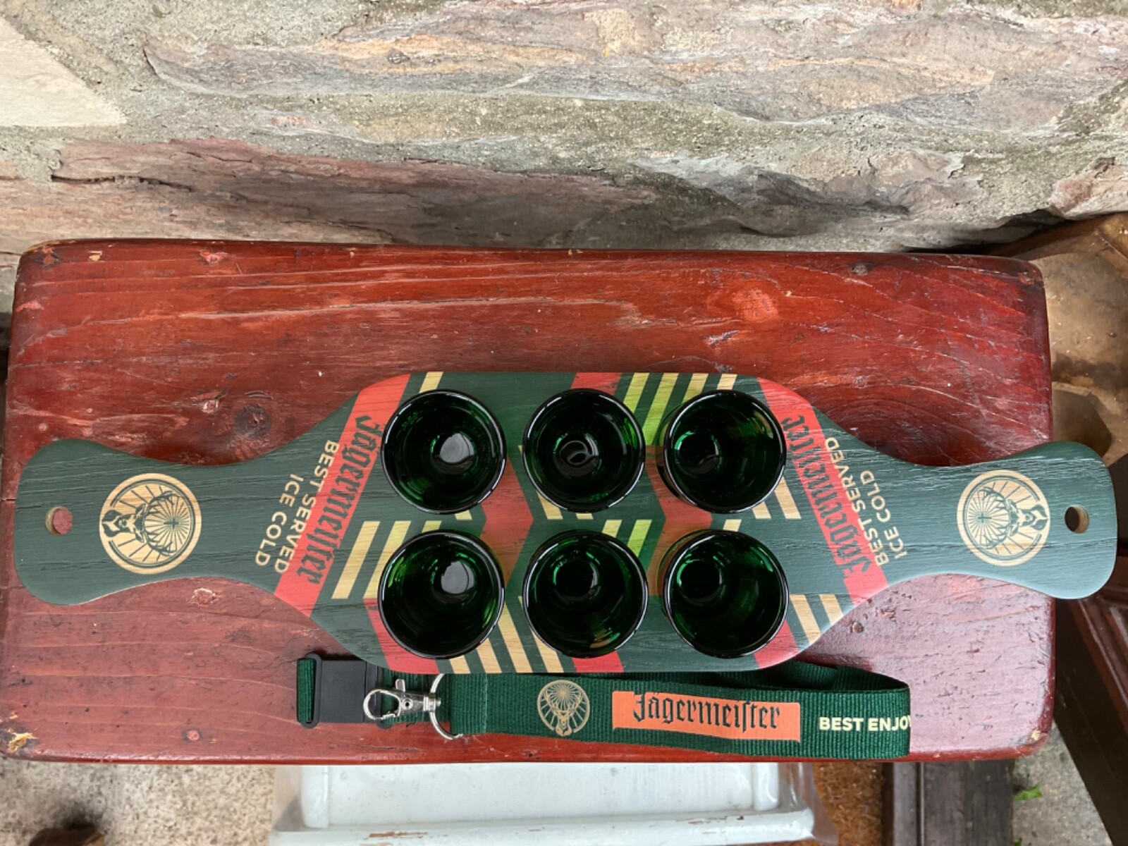 Jäegermeister Wooden Shot Paddle Board & 6 x Jäger Shot Glasses & Jäger ...