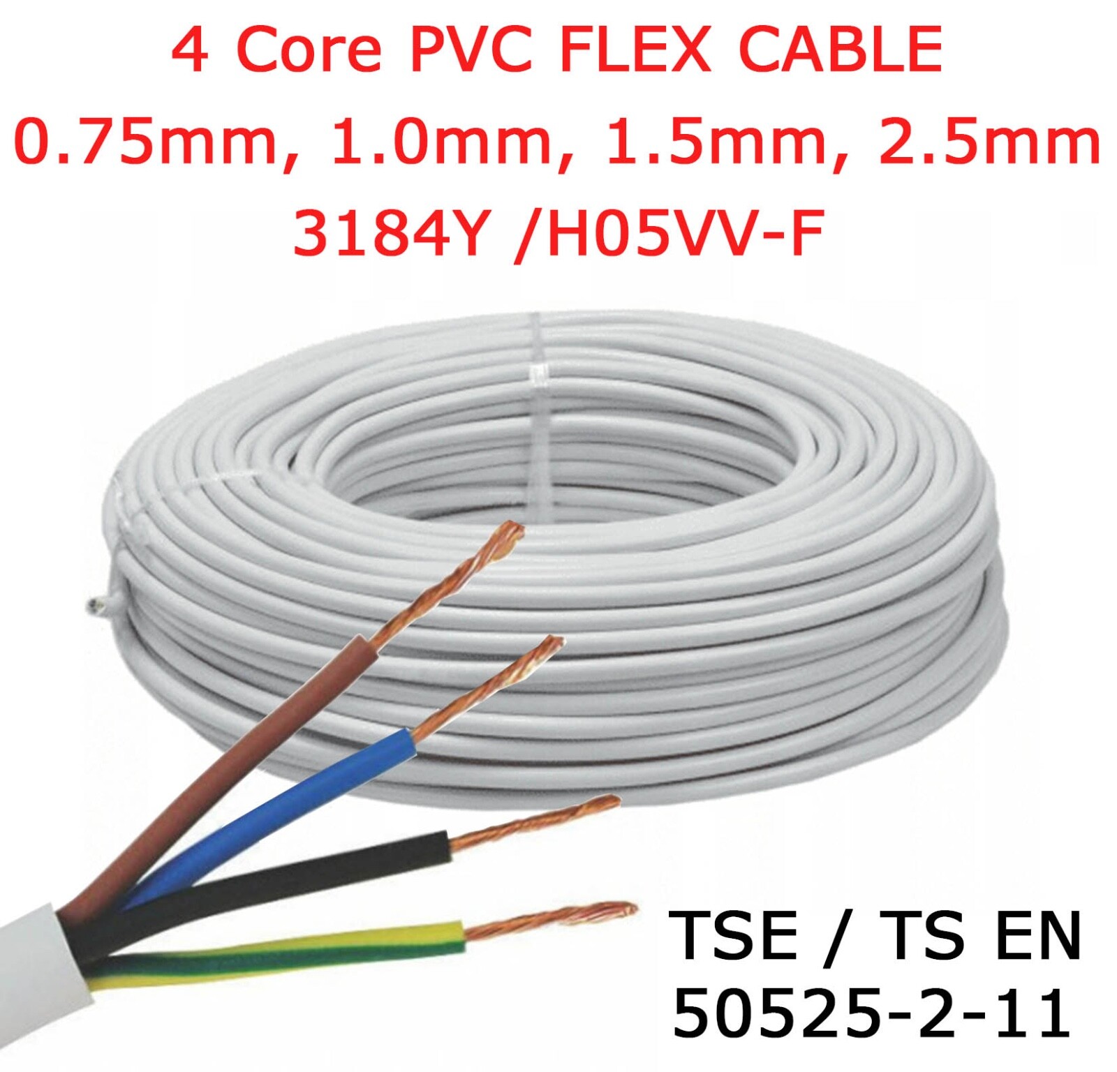 4 Core WHITE PVC Flex Electrical Cable Round Wire 0.75 1 1.5 2.5mm ...