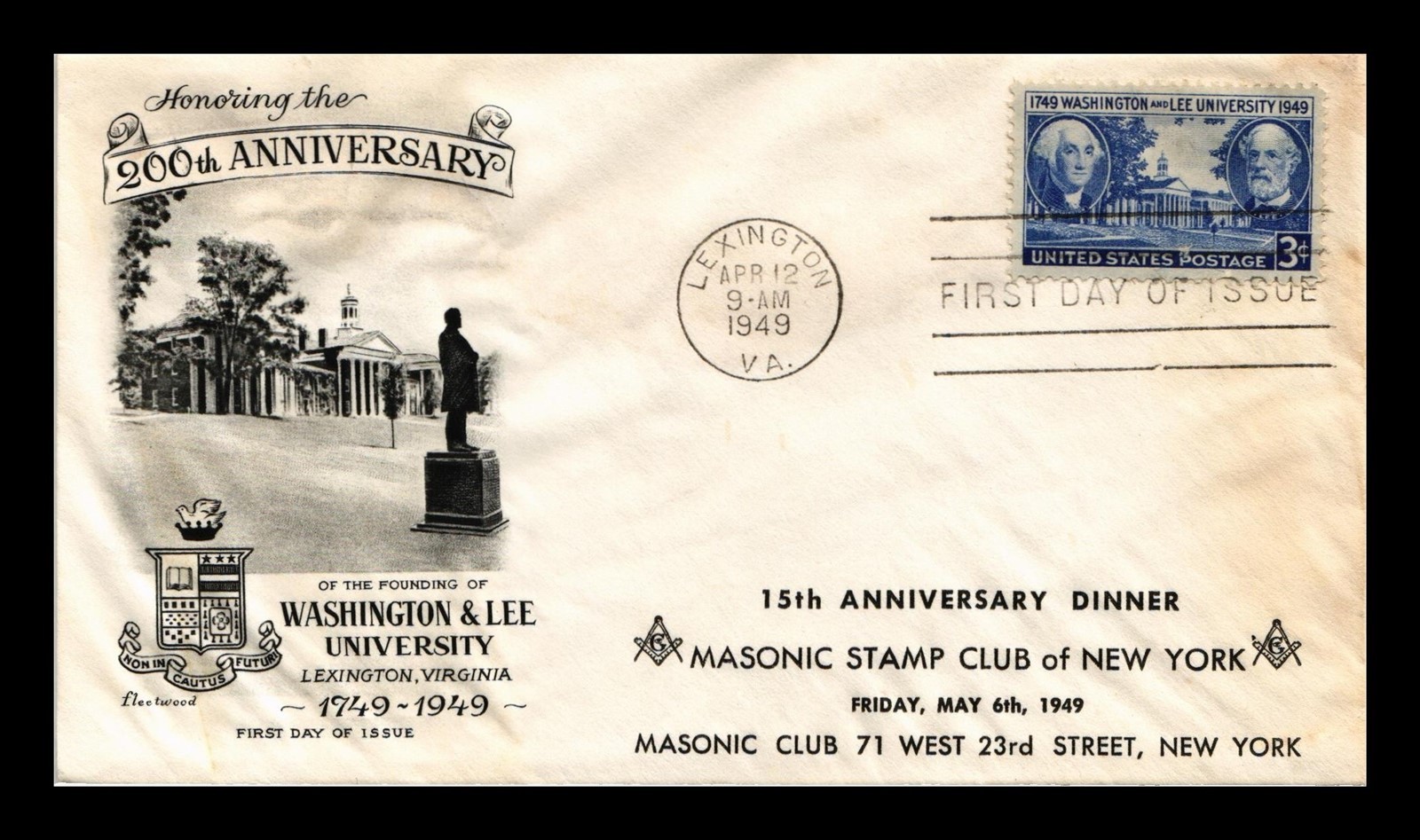 DR JIM STAMPS US COVER WASHINGTON & LEE UNIVERSITY FDC MASONIC STAMP ...