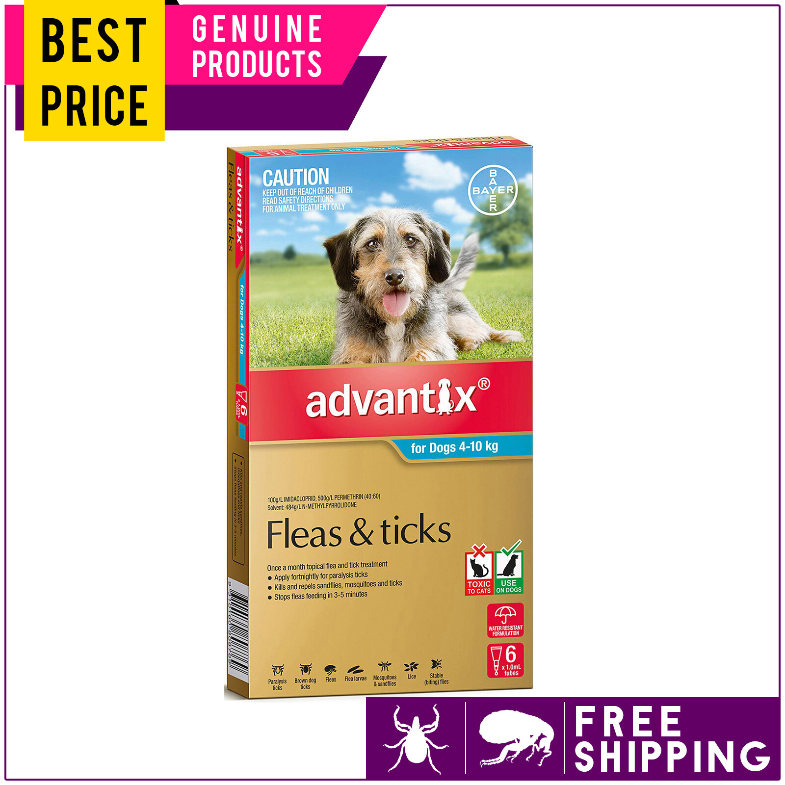 ADVANTIX for Dogs All Sizes 6 Doses Flea and Tick Prevention FREE ...