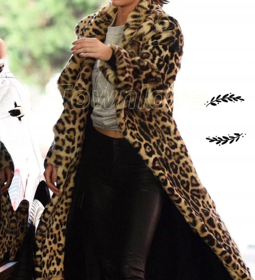 Winter Women Warm Faux Fur Leopard Coat Furry Long Jacket Outwear Lapel ...