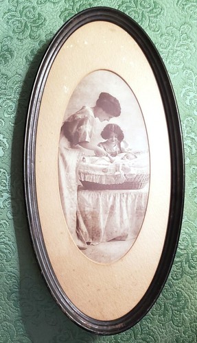 Antique Framed Oval Print of Lady, Girl & Baby - Mother Daughter Child ...