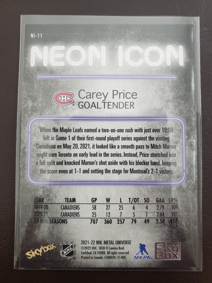 2021-22 Carey Price Neon Icons Skybox Metal Universe Hockey Montreal ...