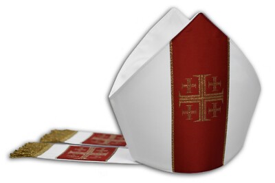 White/red Bishop's Miter Mitre "Jerusalem Crosses" Vestment Mitra ...