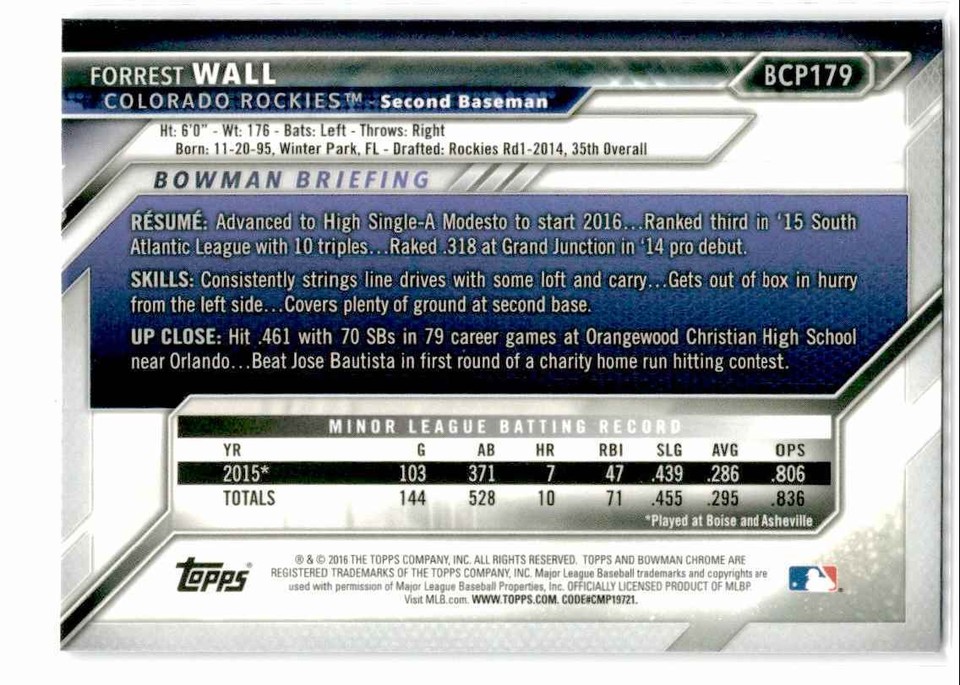 2016 Bowman Chrome Forrest Wall #BCP179 Colorado Rockies | eBay