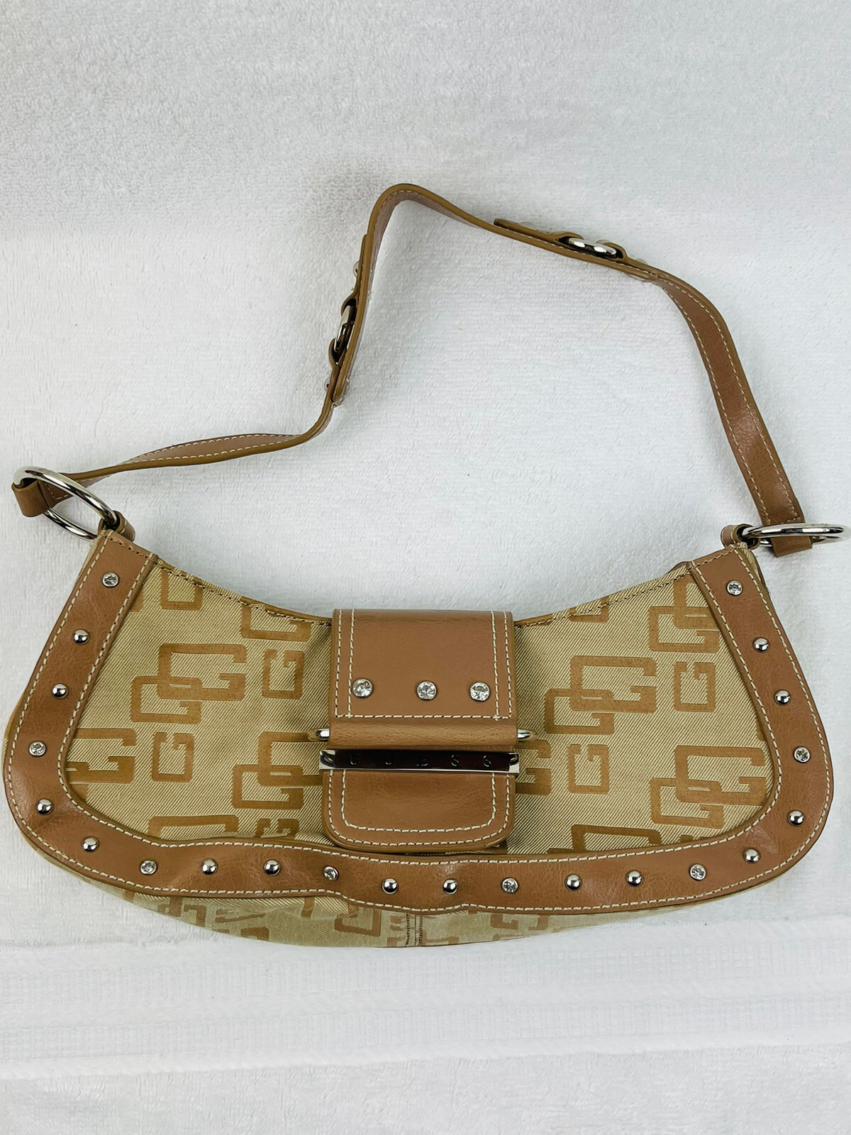 Vintage Guess Hand Bag Purse Monogram Tan Small Y2K Silver Hardware | eBay