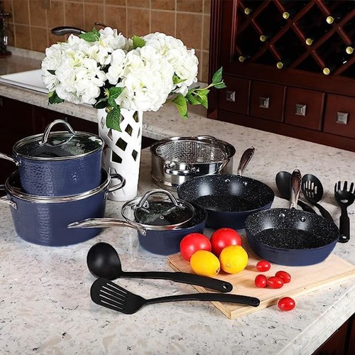 15 Pieces Hammered Cookware Set Nonstick Granite Coated Pots and Pans ...