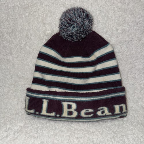 LL Bean Beanie Winter Cap Hat Cuffed Knit Pom Ski Skiing Purple and ...
