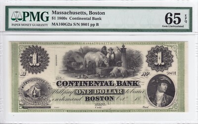 1860s $1 Continental Bank Boston MA Obsolete Note PMG CU 65 EPQ #9801 ...