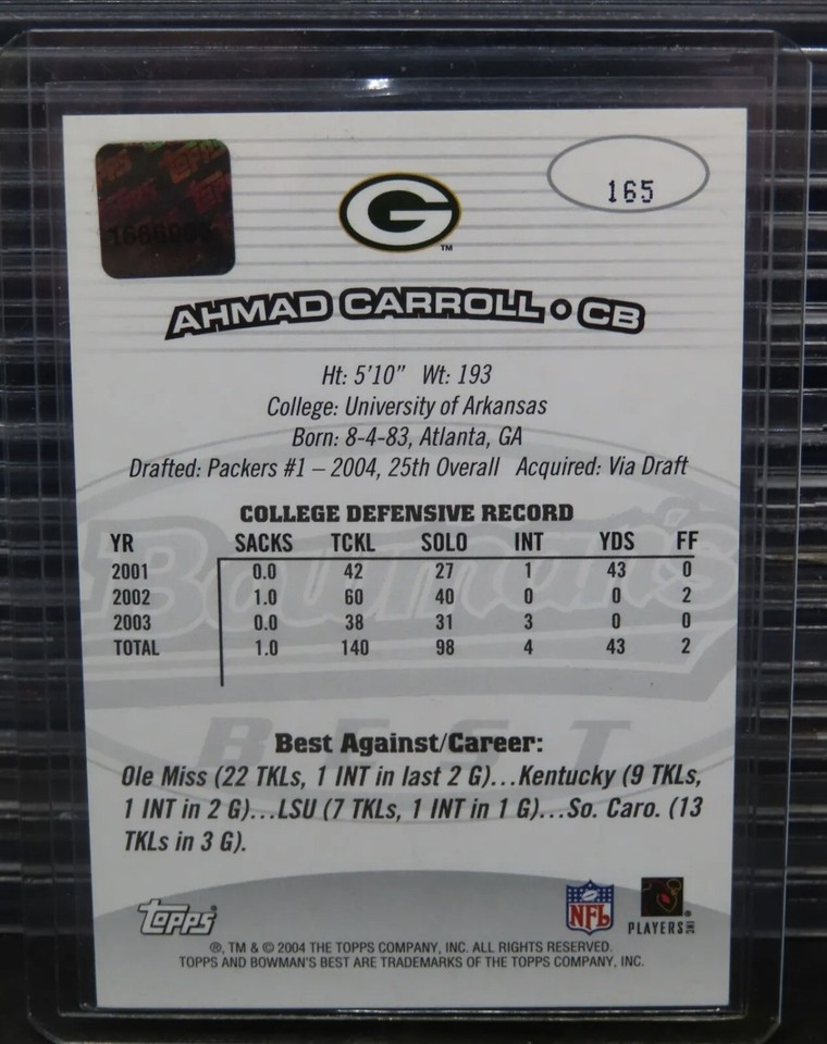 2004 Bowman's Best Ahmad Carroll Rookie RC Auto Autograph #165 Packers ...