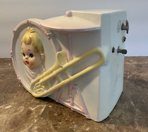 Vintage Ceramic Baby Planter Music Box Baby Face Trumpet Symbol Wind Up ...