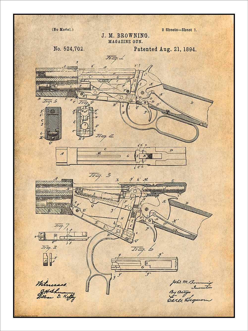 1894 Winchester Lever Action Rifle Patent Print Art Drawing Poster | eBay
