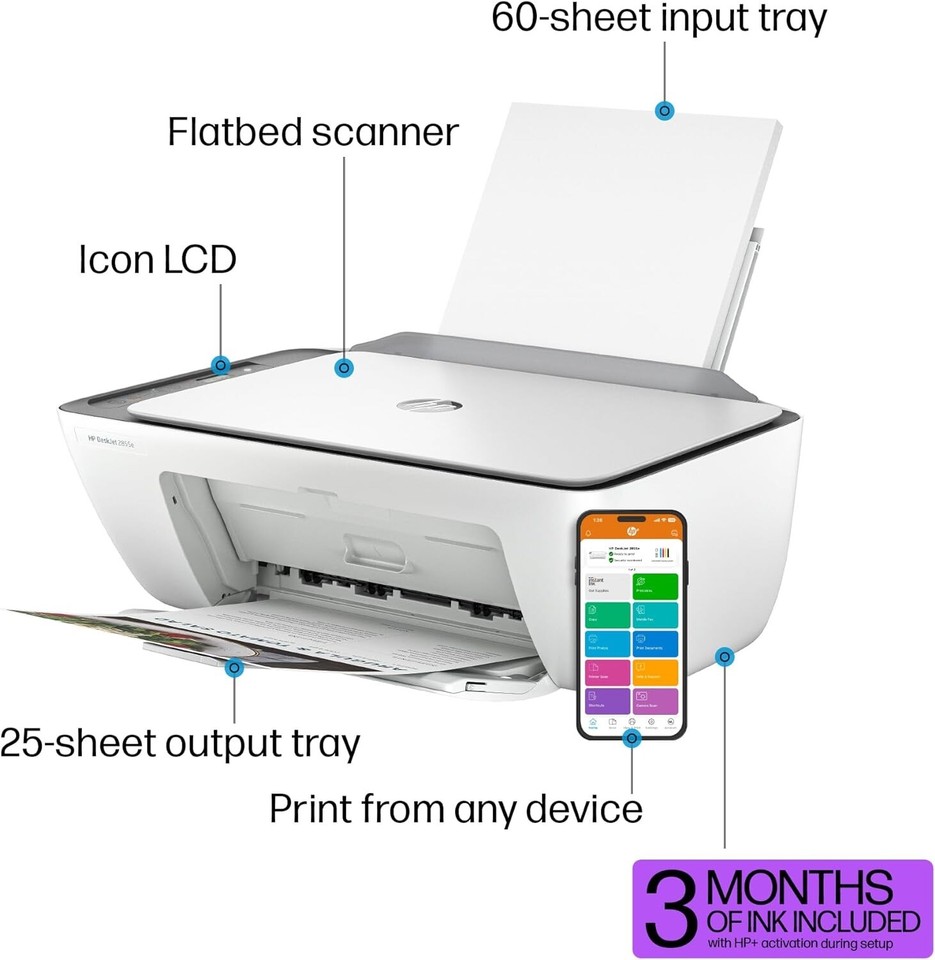 HP DeskJet 2855e Wireless All-in-One Color Inkjet Printer, Scanner ...