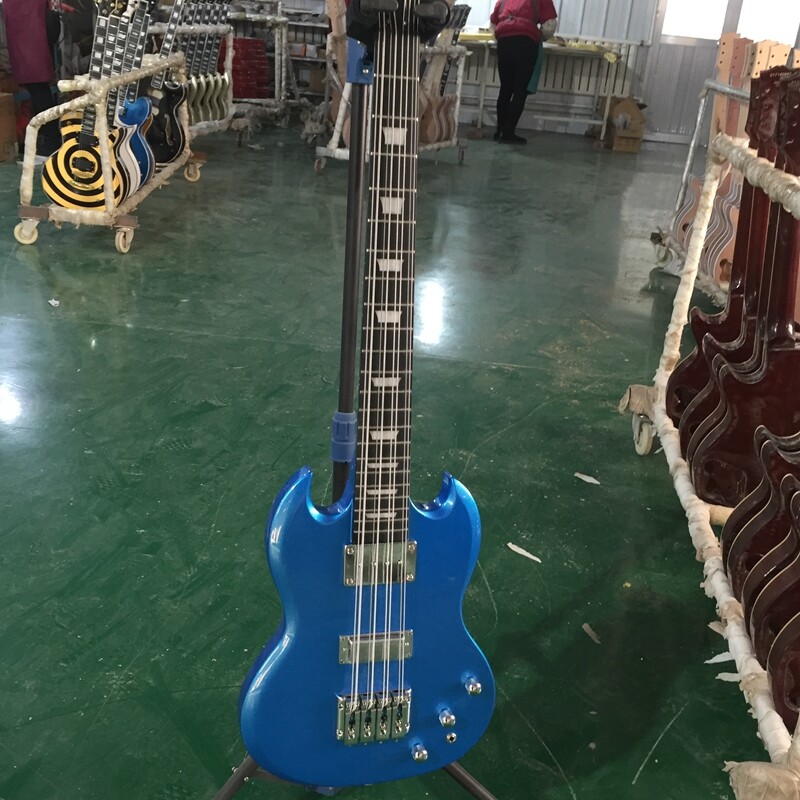 8-Strings Blue Silver SG Electric Bass Solid Black Fretboard HS Pickups ...