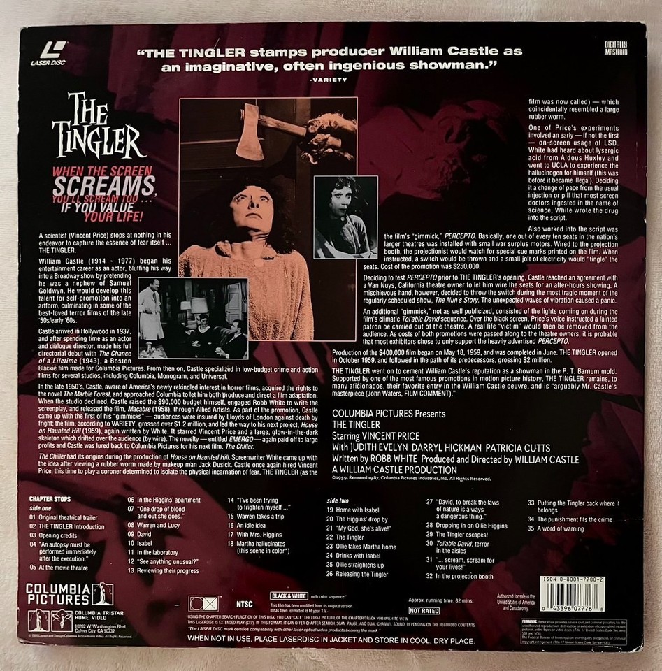 The Tingler 1959 Laserdisc Horror Movie Vincent Price | eBay